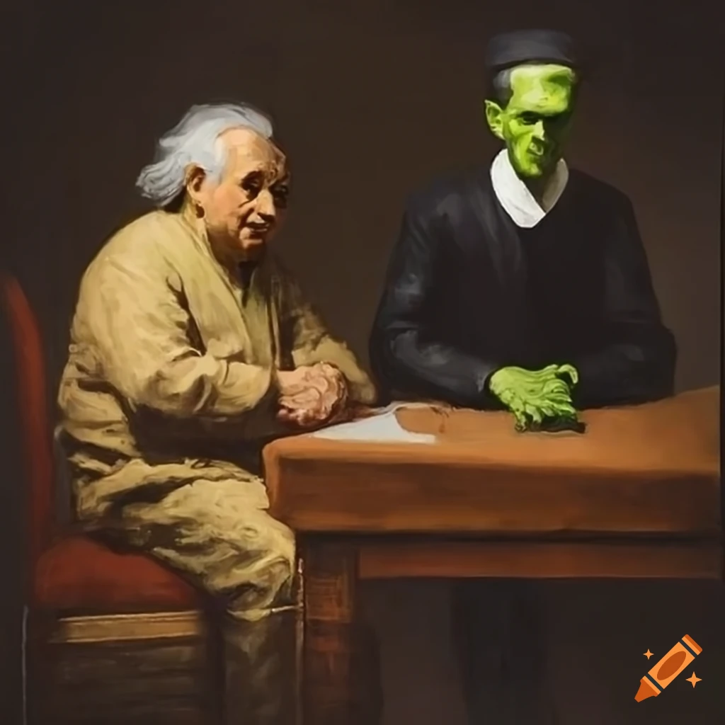 Einstein and Frankenstein at a table in Rembrandt style painting on Craiyon