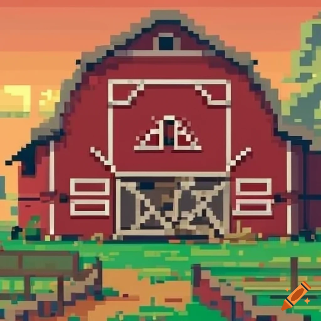 Detailed pixel art of a red barn with chickens and coop on Craiyon