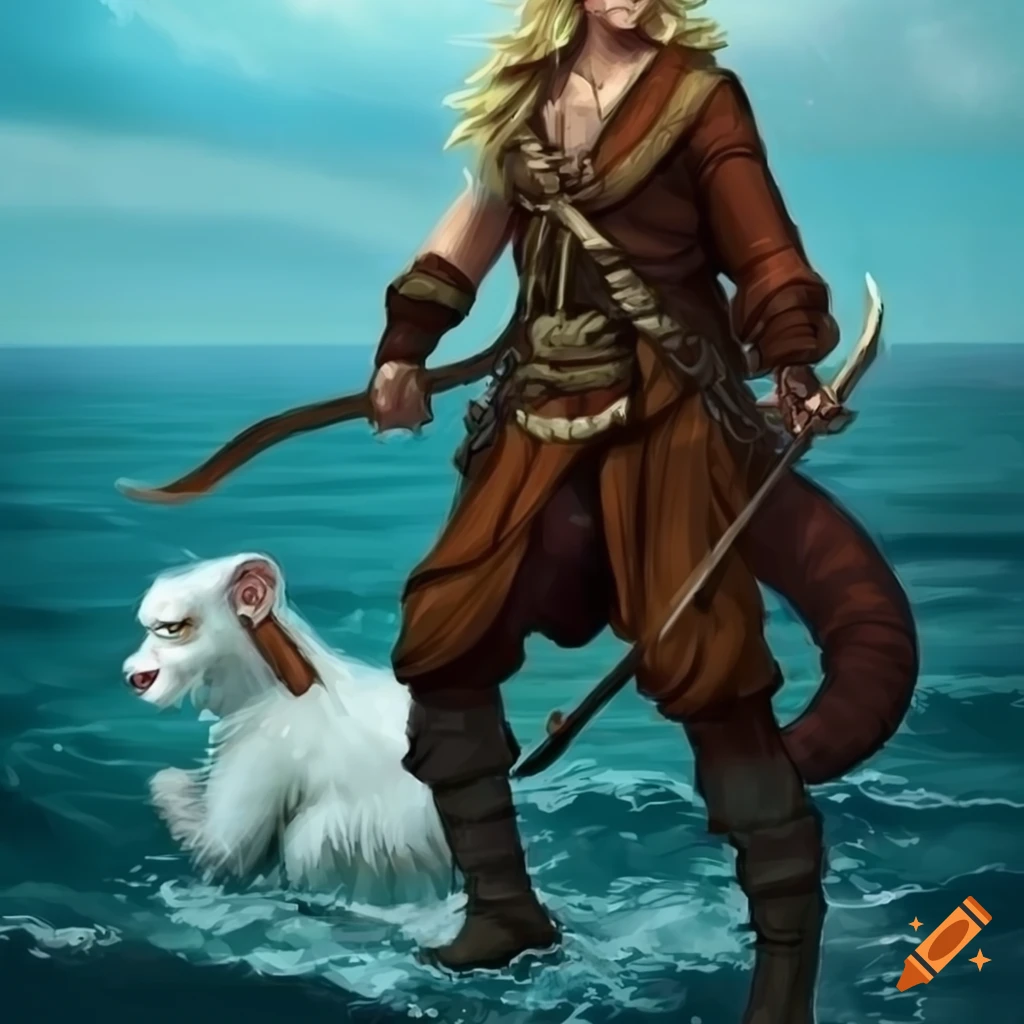 Blond-haired ranger and white-furred monkey pirate in a fantasy sea ...