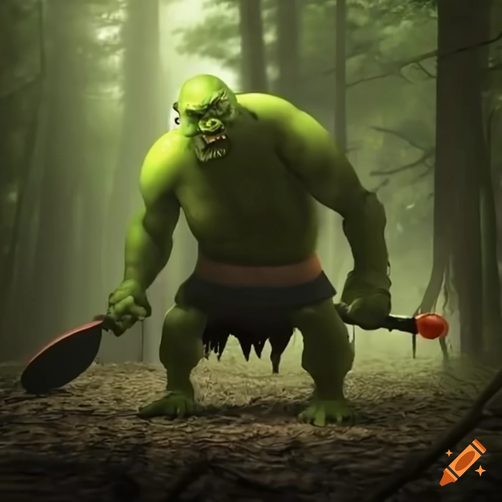 Ogre hit by a ping-pong ball in the forest on Craiyon