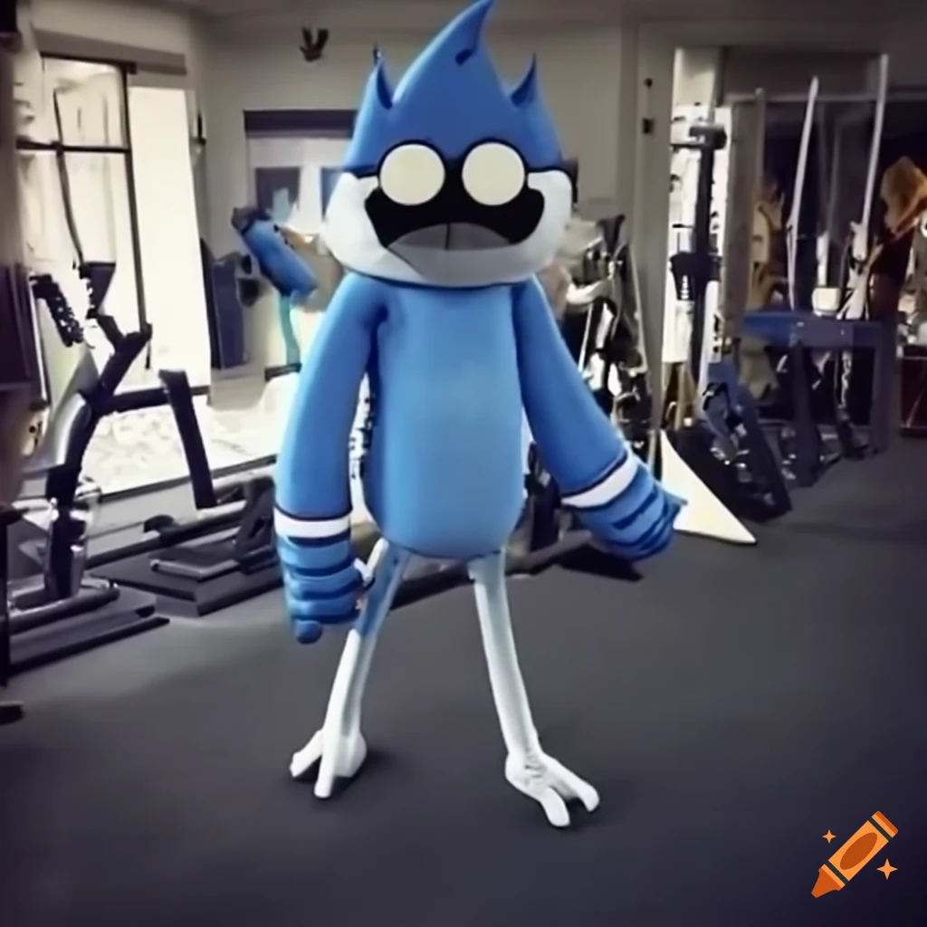 Mordecai the blue jay working out at the gym on Craiyon