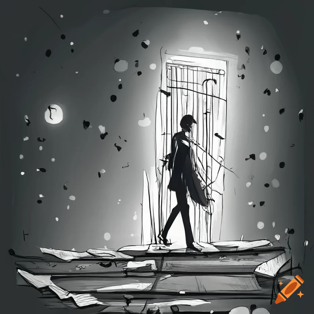 Man walking on a crumbling wooden bridge in a sketch on Craiyon