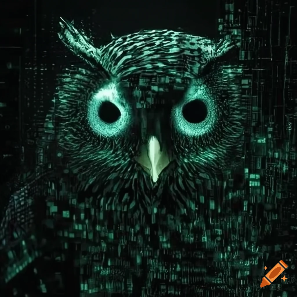 Computer hacker owl in a matrix-like digital environment on Craiyon