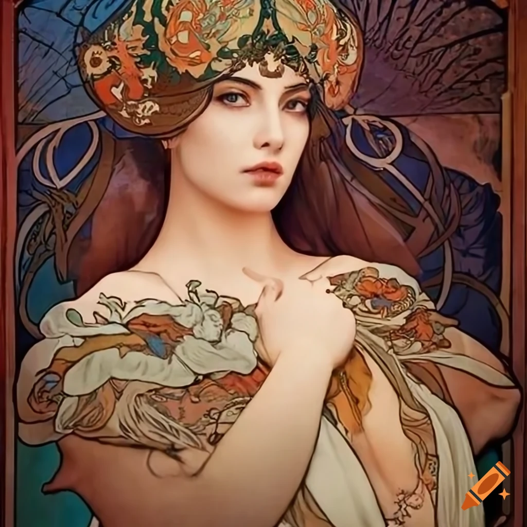 Portrait of a beautiful Caucasian woman in the style of Alphonse Mucha ...