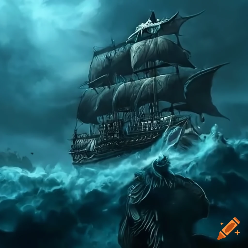 Leviathan battling a ghost pirate ship in a storm on Craiyon