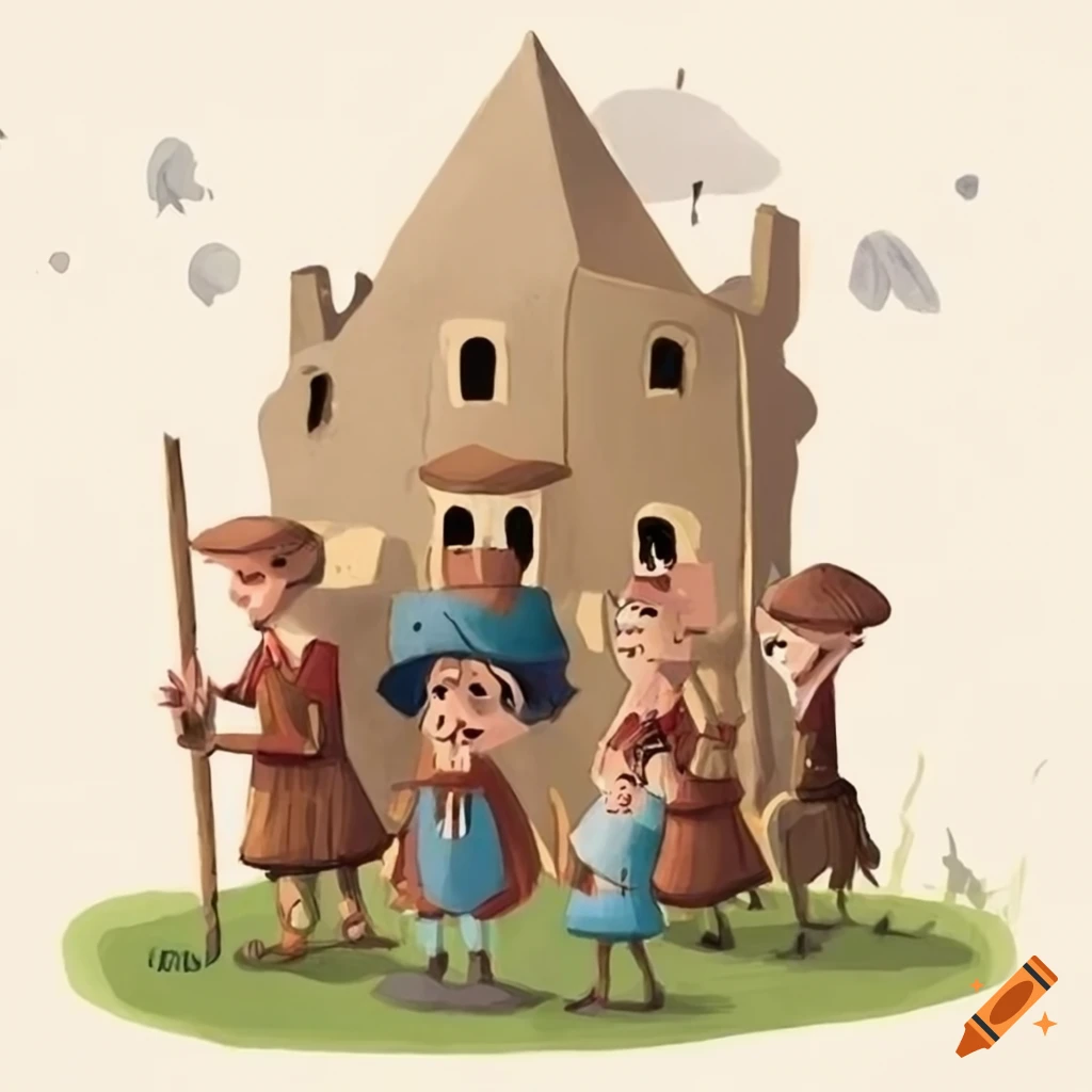 Cartoon depiction of a large group of 17th century villagers on Craiyon