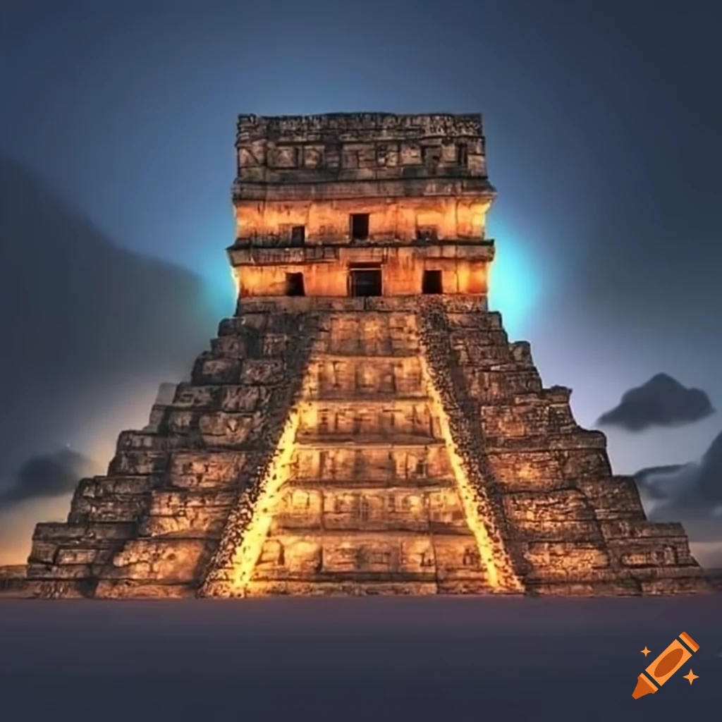 Mayan temple with glowing cube on top in a realistic setting on Craiyon