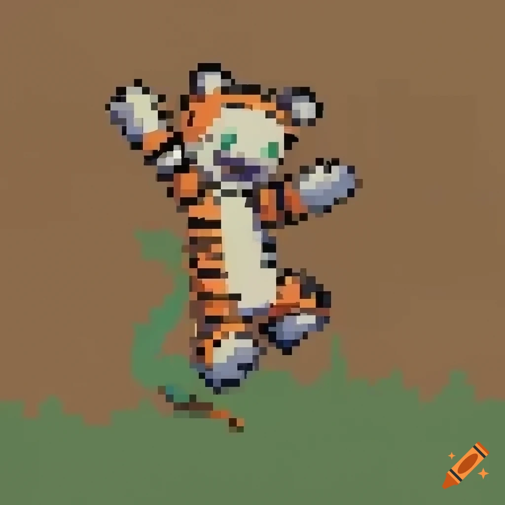 Pixel art of hobbes jumping with a poplar background on Craiyon