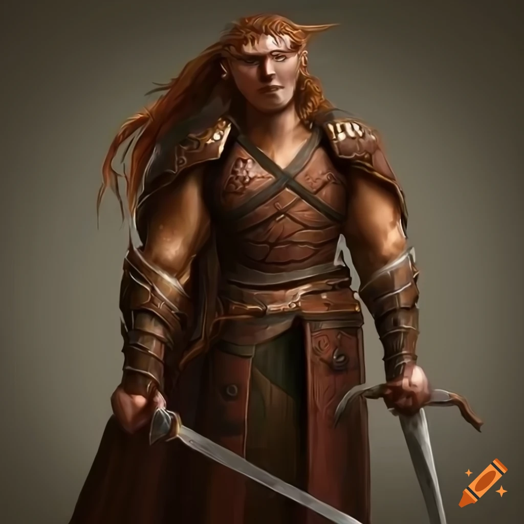 Copper dragonborn male with long flowing hair in leather armor holding ...