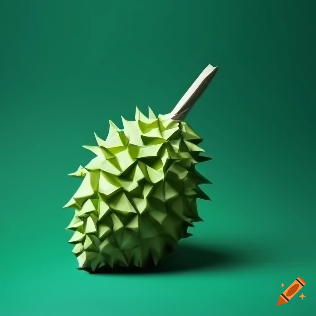 Origami durian on green wood matte background on Craiyon