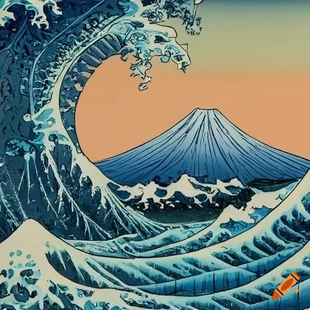 Japanese art of tsunami with mt. fuji in the background on Craiyon