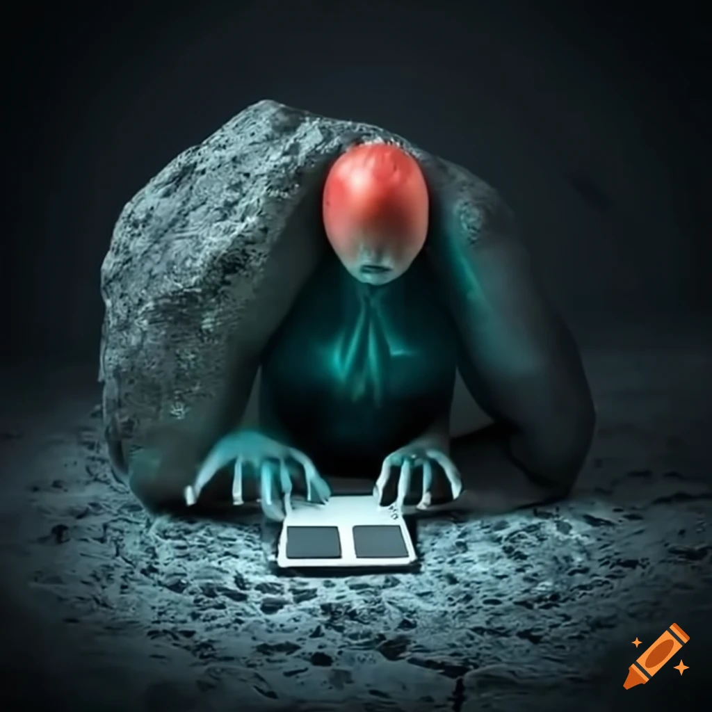 Person crawling from under a rock with a computer on Craiyon
