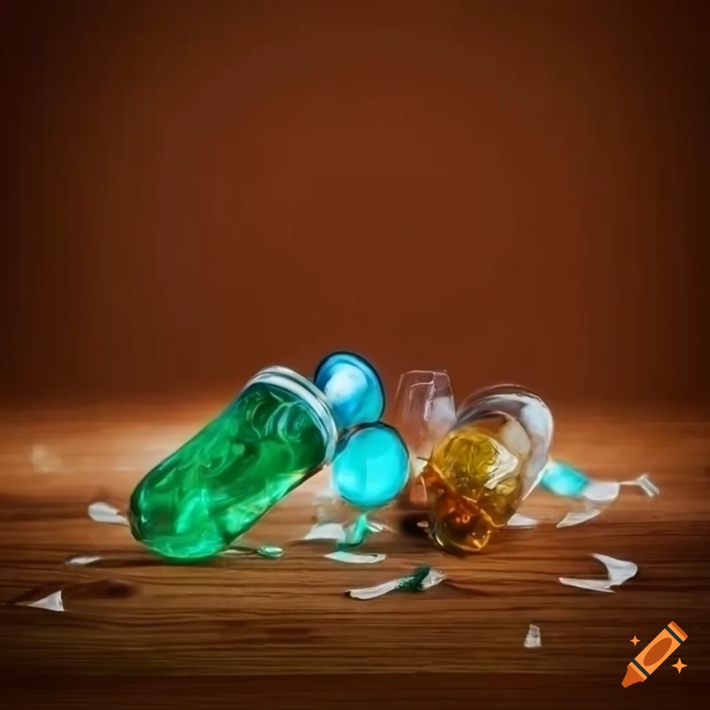 Broken colorful glass vials on a wooden floor against a brown ...