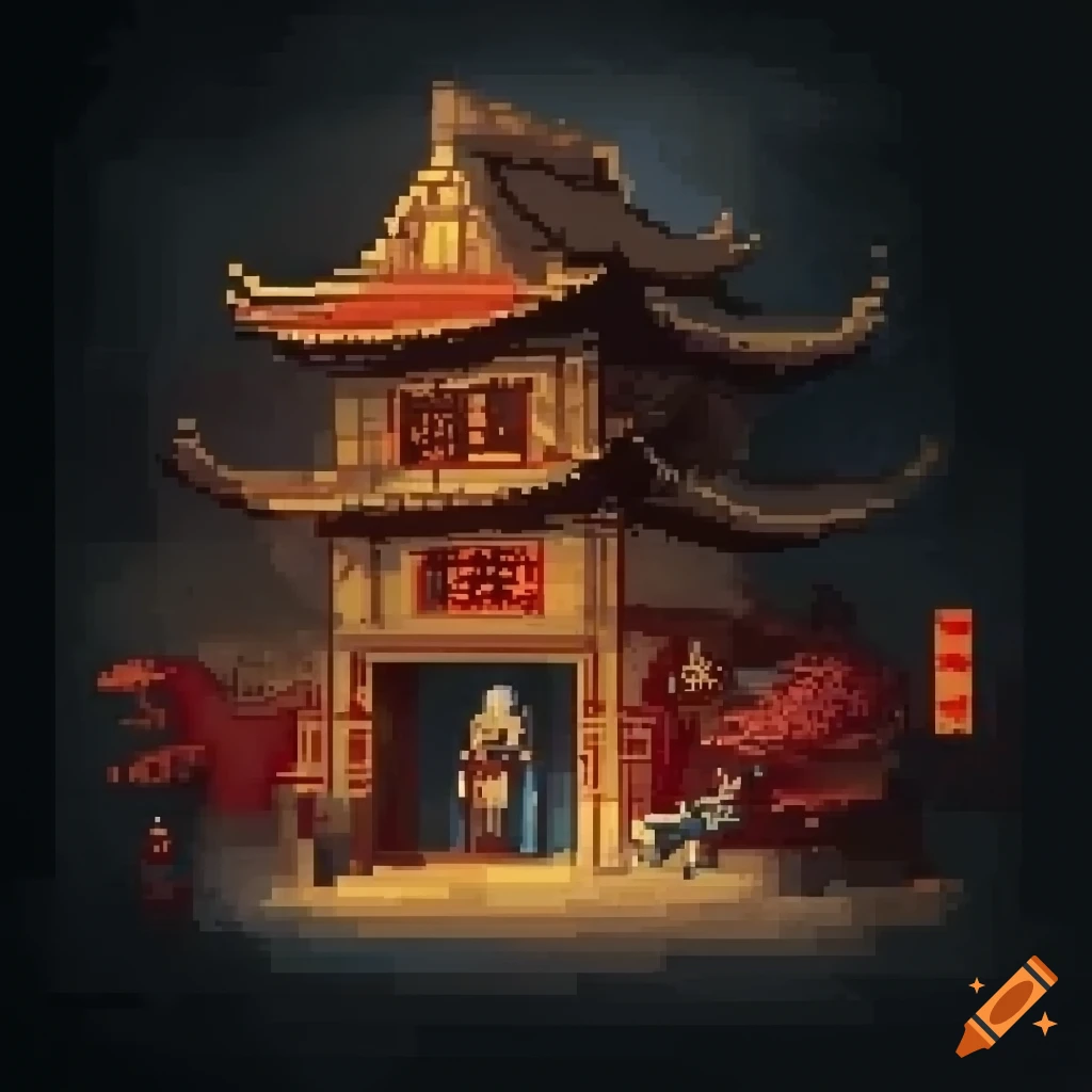 Pixel art with dithering inspired by traditional chinese ink painting ...