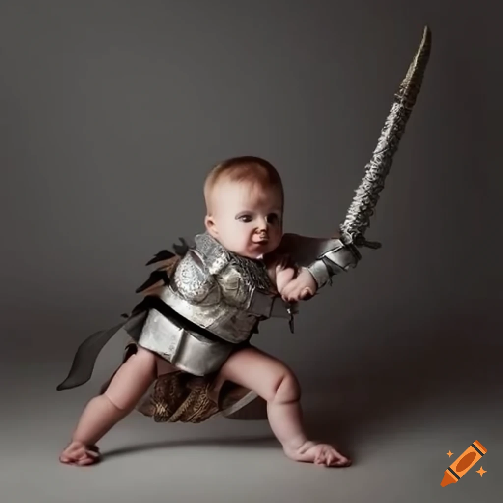 Baby boy in knight armor battling a dragon on Craiyon