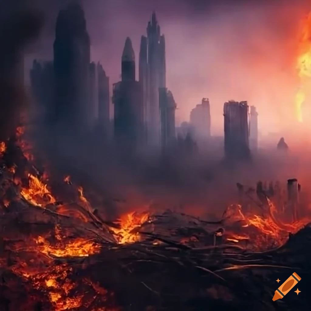 Post apocalyptic land engulfed in fire on Craiyon