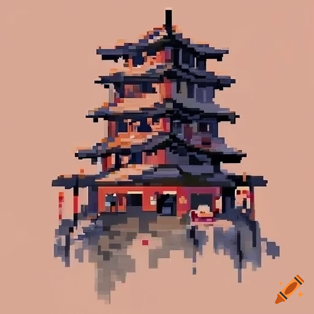 Pixel art with dithering influenced by traditional chinese ink painting ...