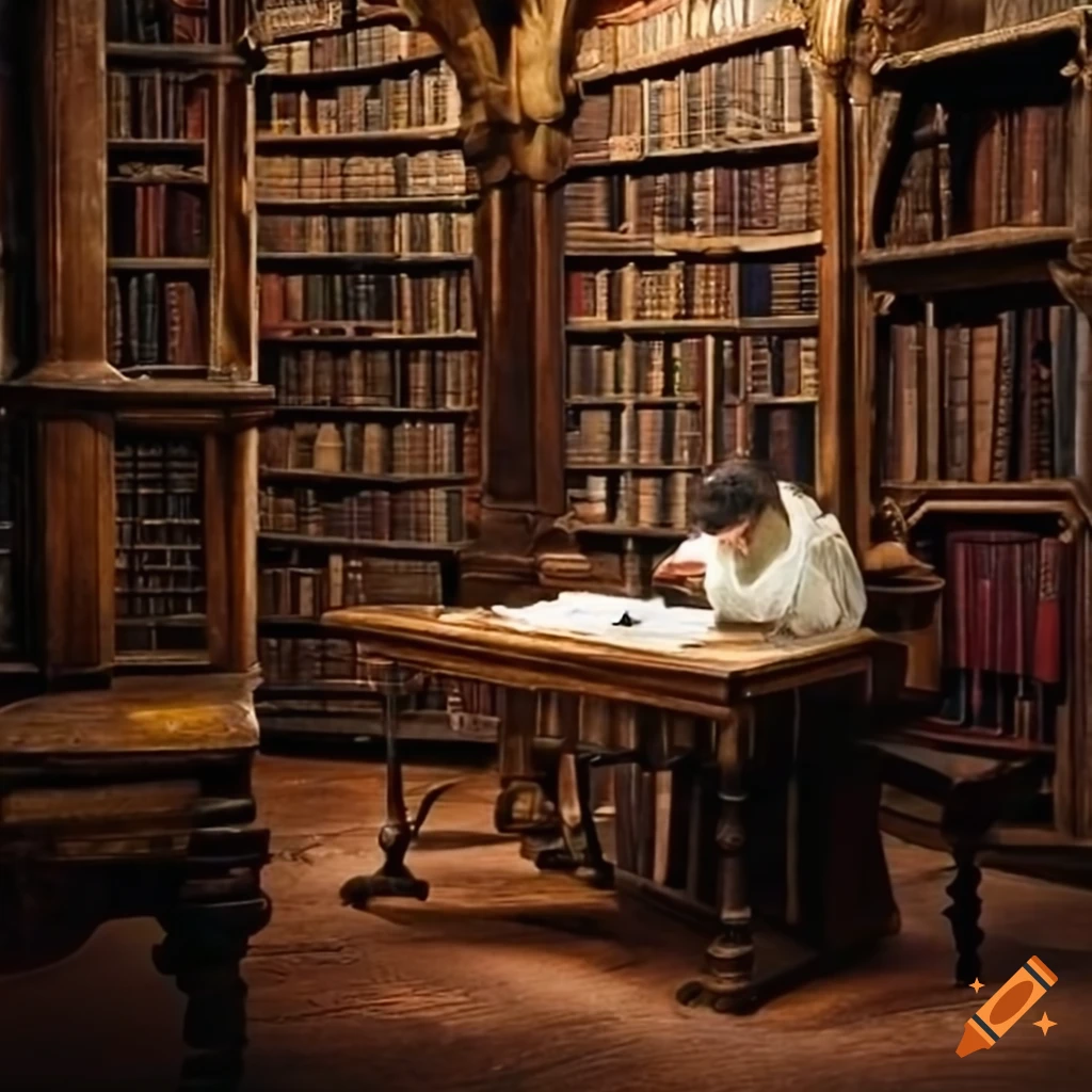 Secret medieval monastery library with wise hermit monk on Craiyon