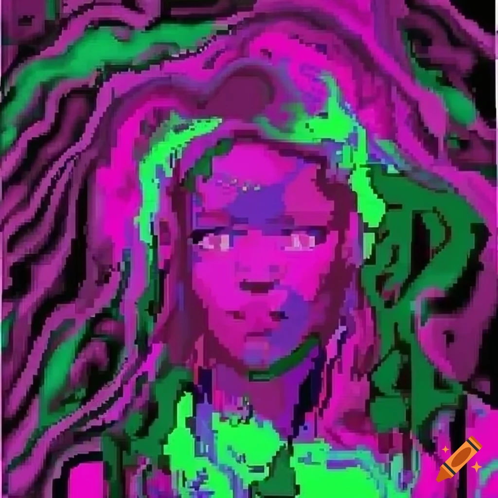 Pixel art with dithering and solarized colors in black, magenta, and ...