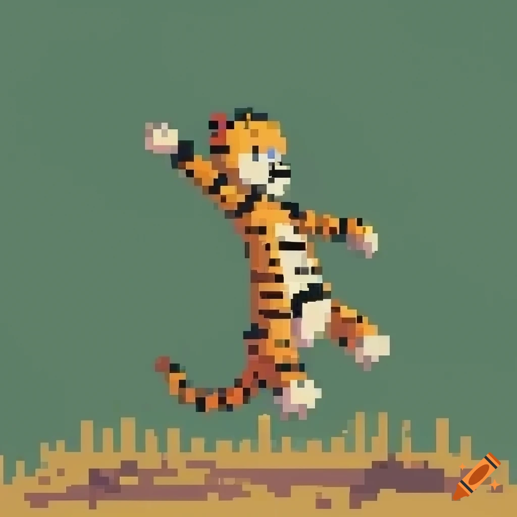 Pixel art of hobbes jumping with a poplar background on Craiyon