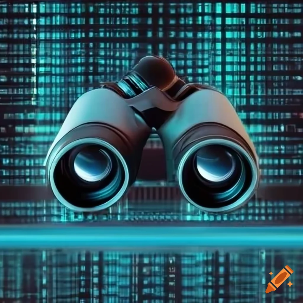 Binoculars in a futuristic tech setting with computer code backdrop on ...