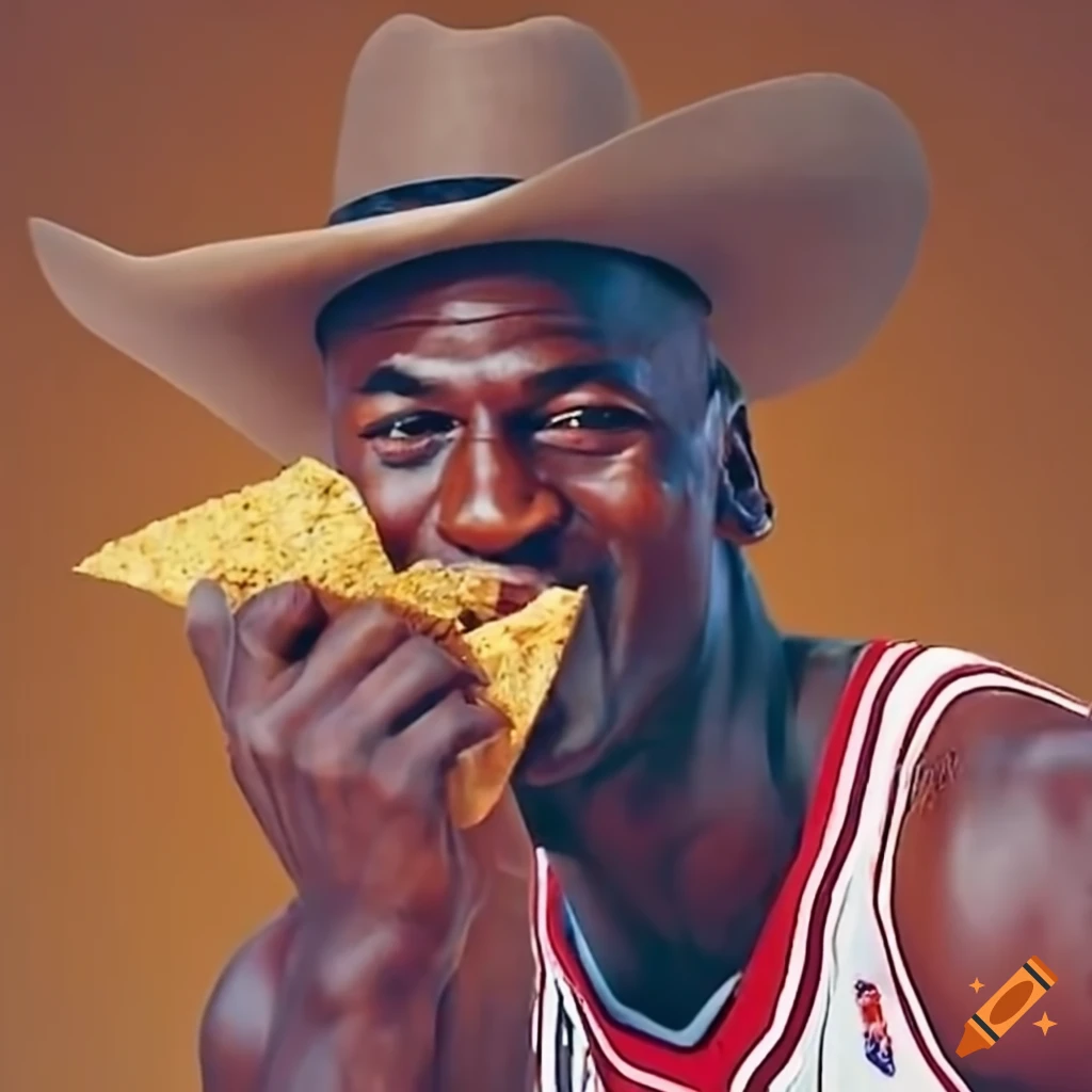 Michael jordan wearing a cowboy hat eating nachos on Craiyon