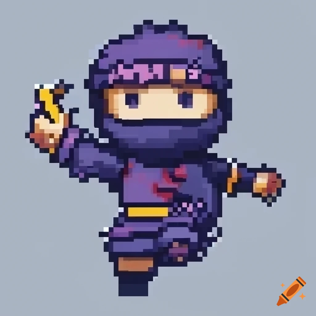 Pixel art of a hello kitty ninja in a jumping pose on Craiyon