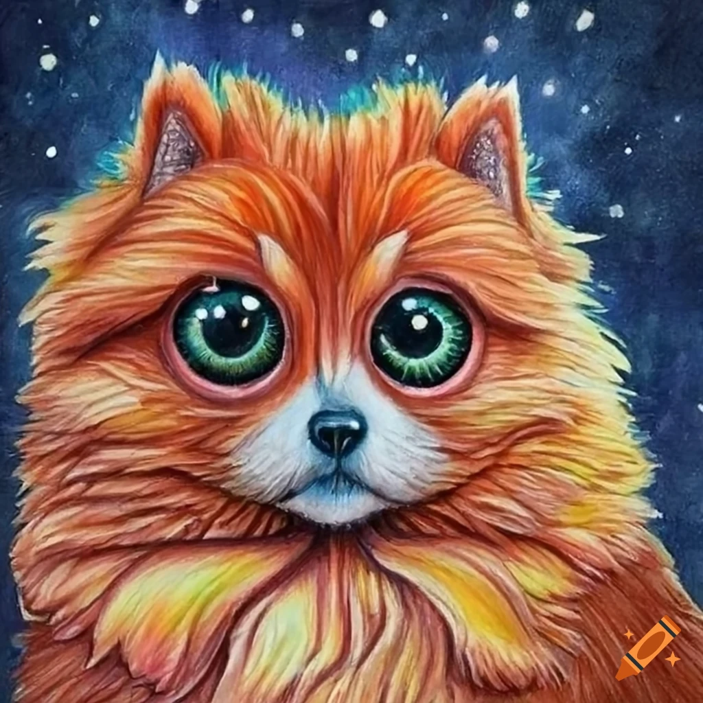 Fluffy orange dog with big eyes in a cloudy night under a full moon on ...