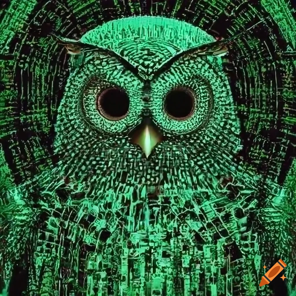 Computer hacker owl in a matrix setting on Craiyon