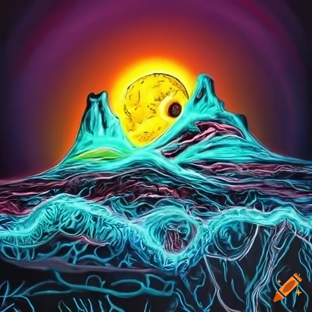 Neon psychedelic drawing of an alien planet with hills on Craiyon