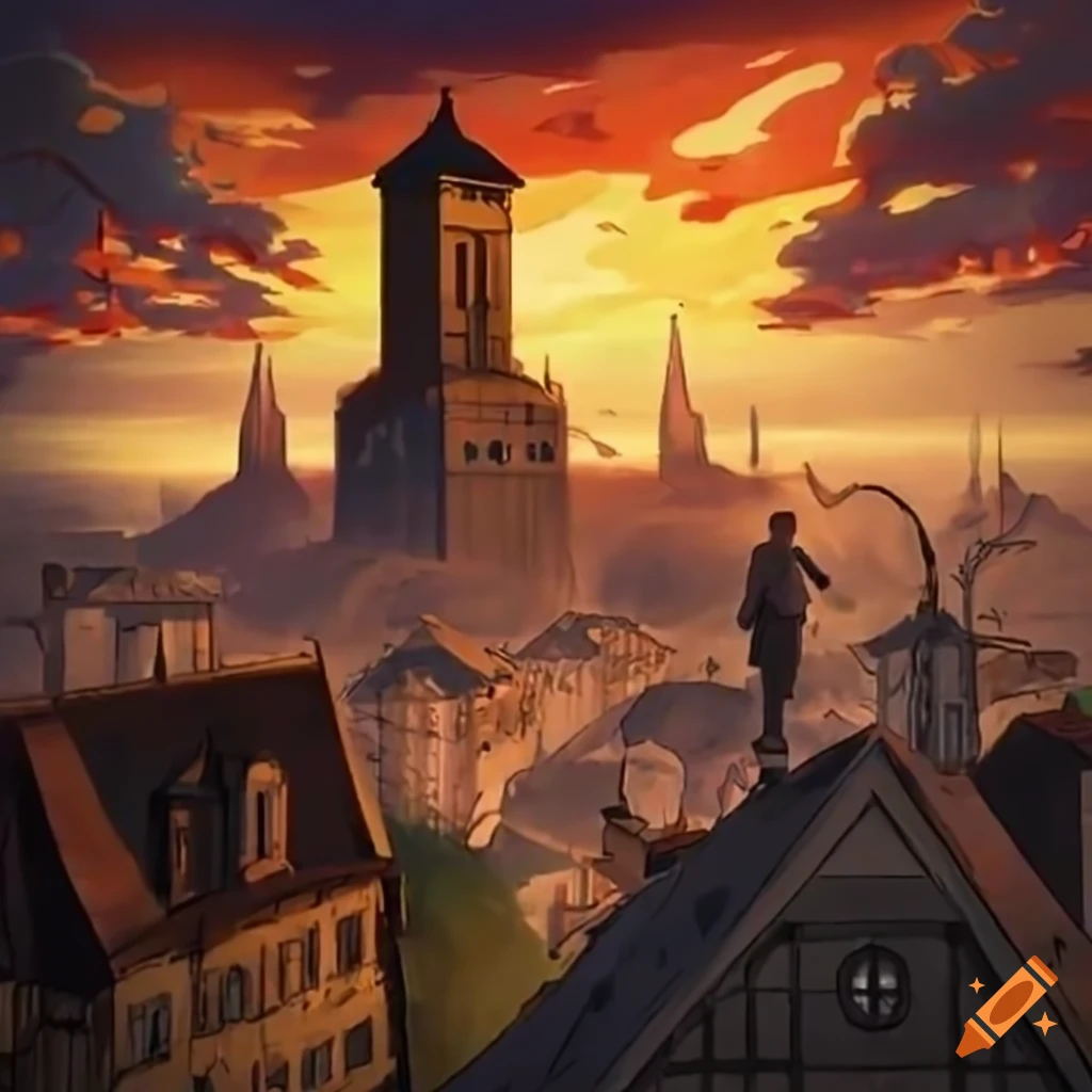 Town with bell tower in attack on titan rustic anime style on Craiyon
