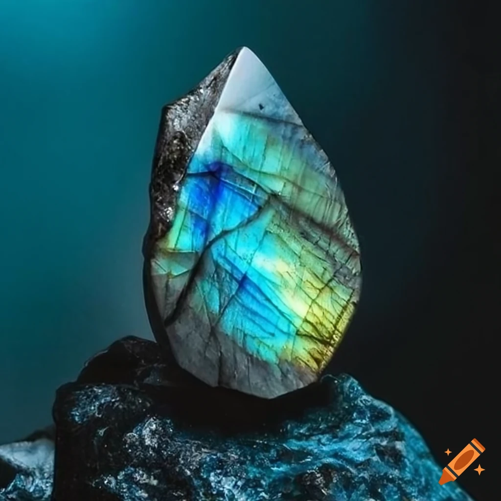 Labradorite gemstone on icy rock in nature on Craiyon