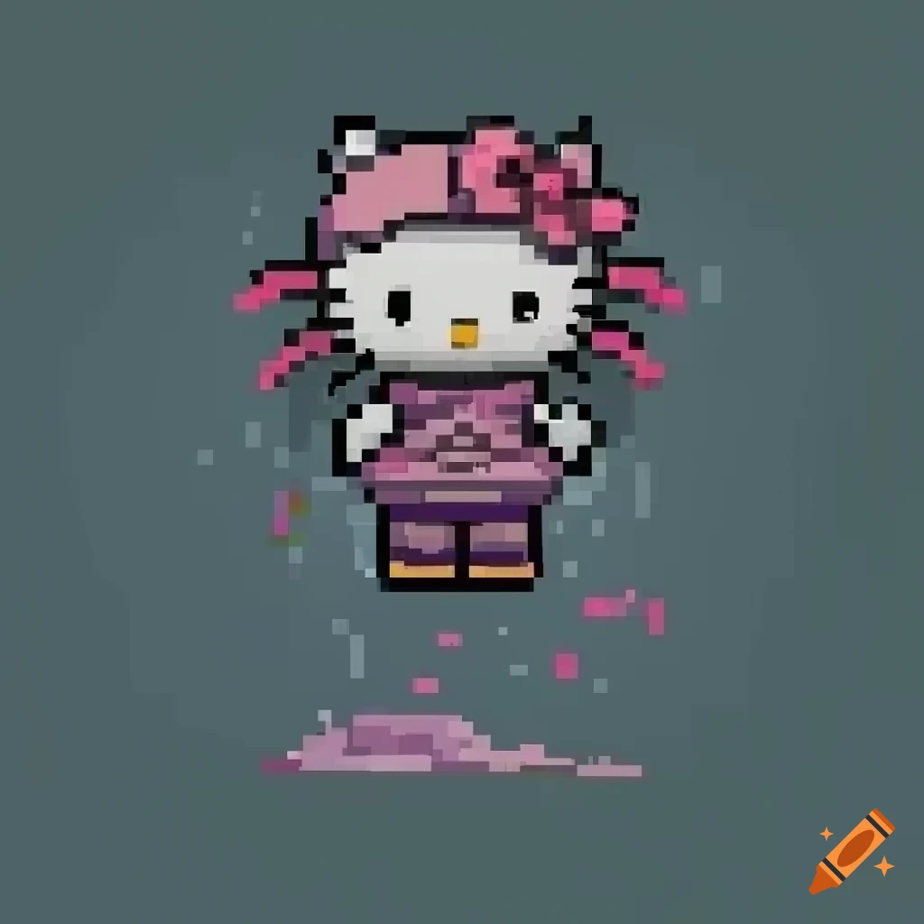 Pixel art of Hello Kitty ninja jumping with dithering technique on Craiyon
