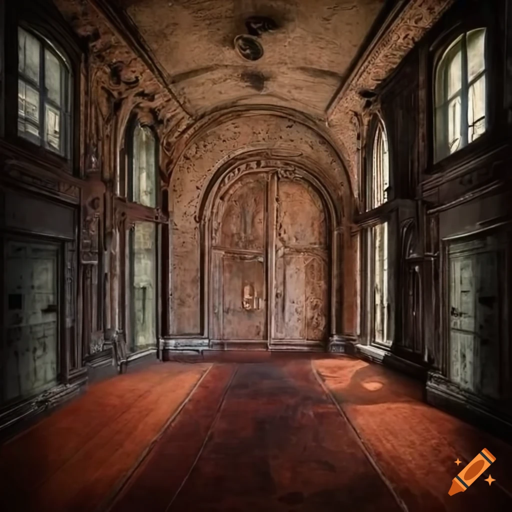 Eerie dimly-lit castle room with ancient iron door and worn copper ...