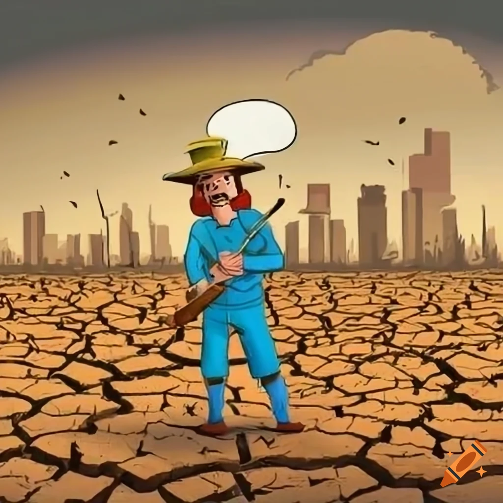 Cartoon of a farmer in a barren field with wilted crops, skyscrapers in ...