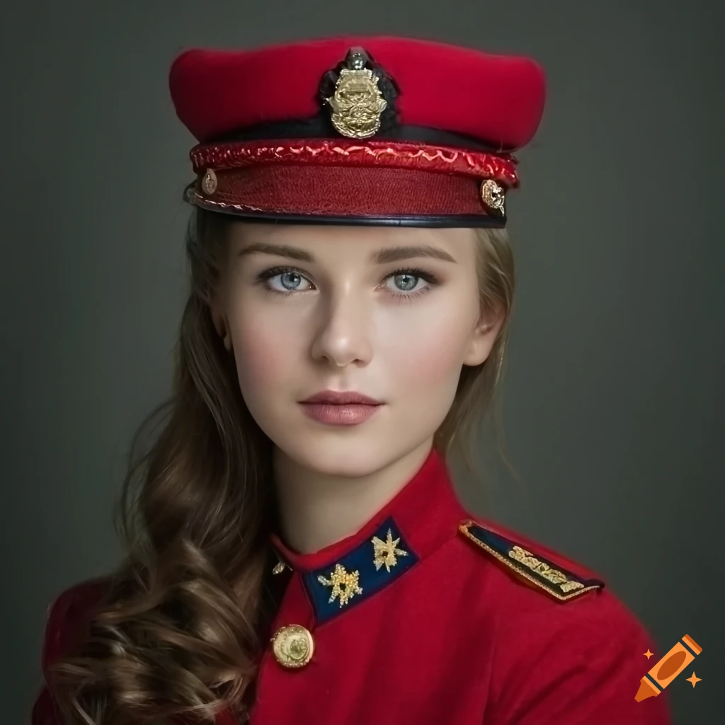 Young female model with blonde curly hair in a red military uniform on ...