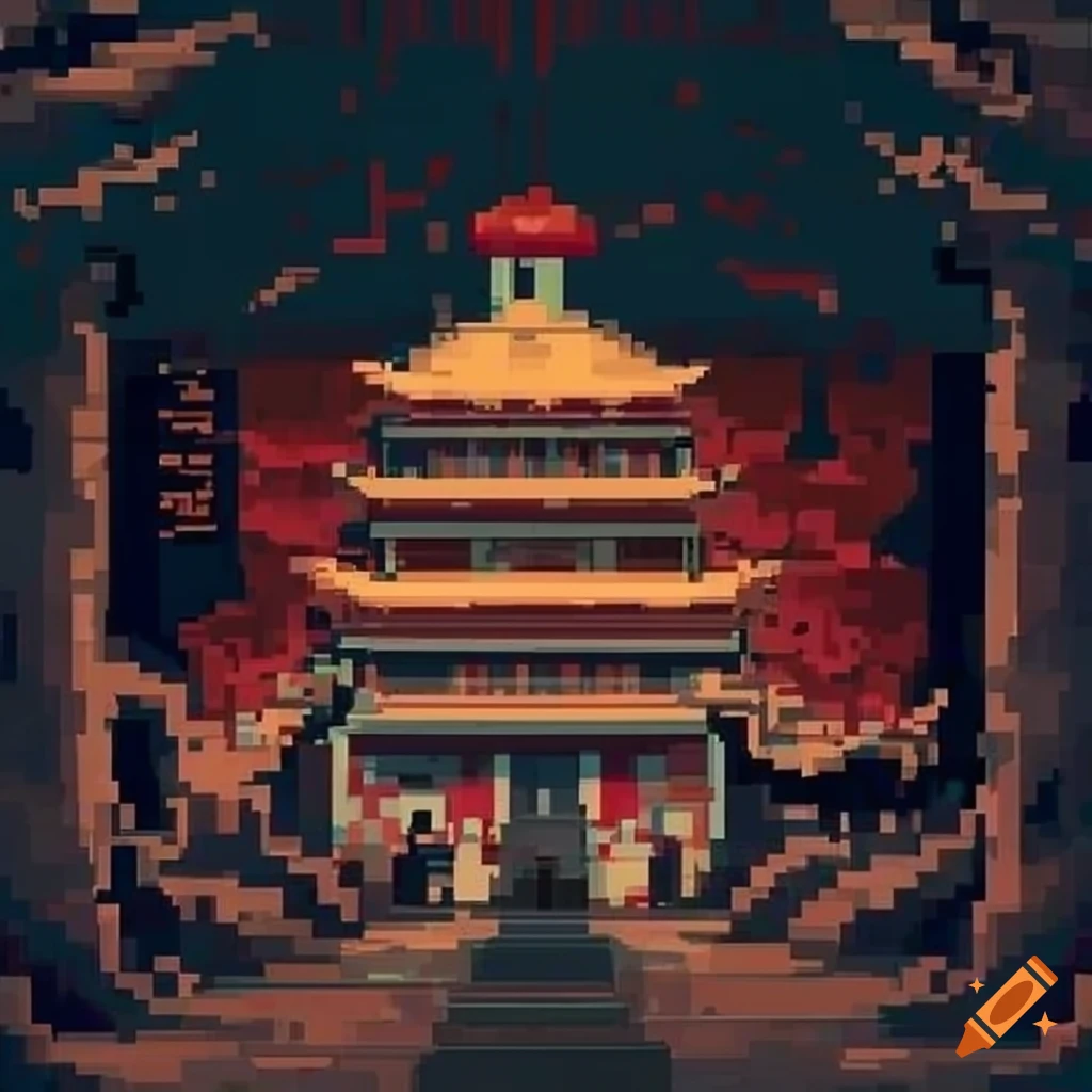 Pixel art with dithering in traditional chinese ink painting style on ...