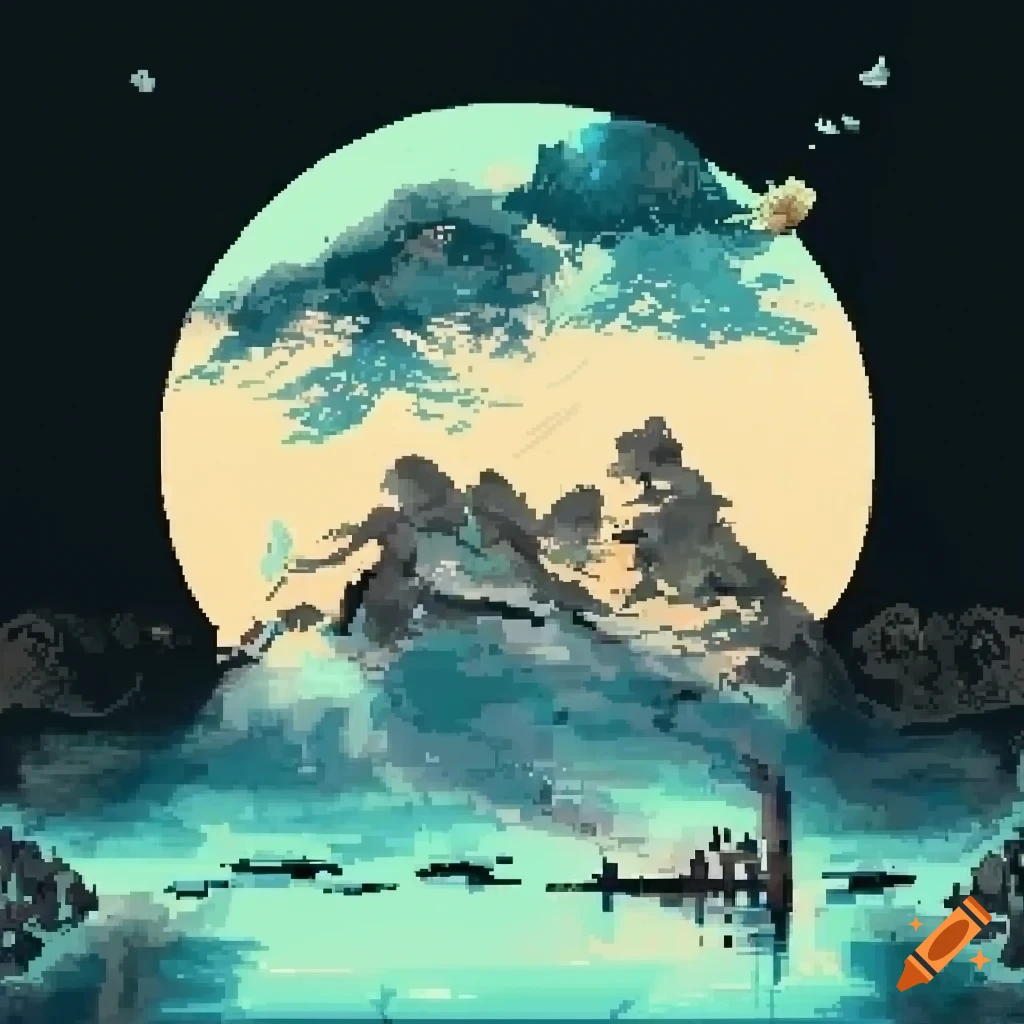 Pixel art with dithering and traditional chinese ink painting style on ...