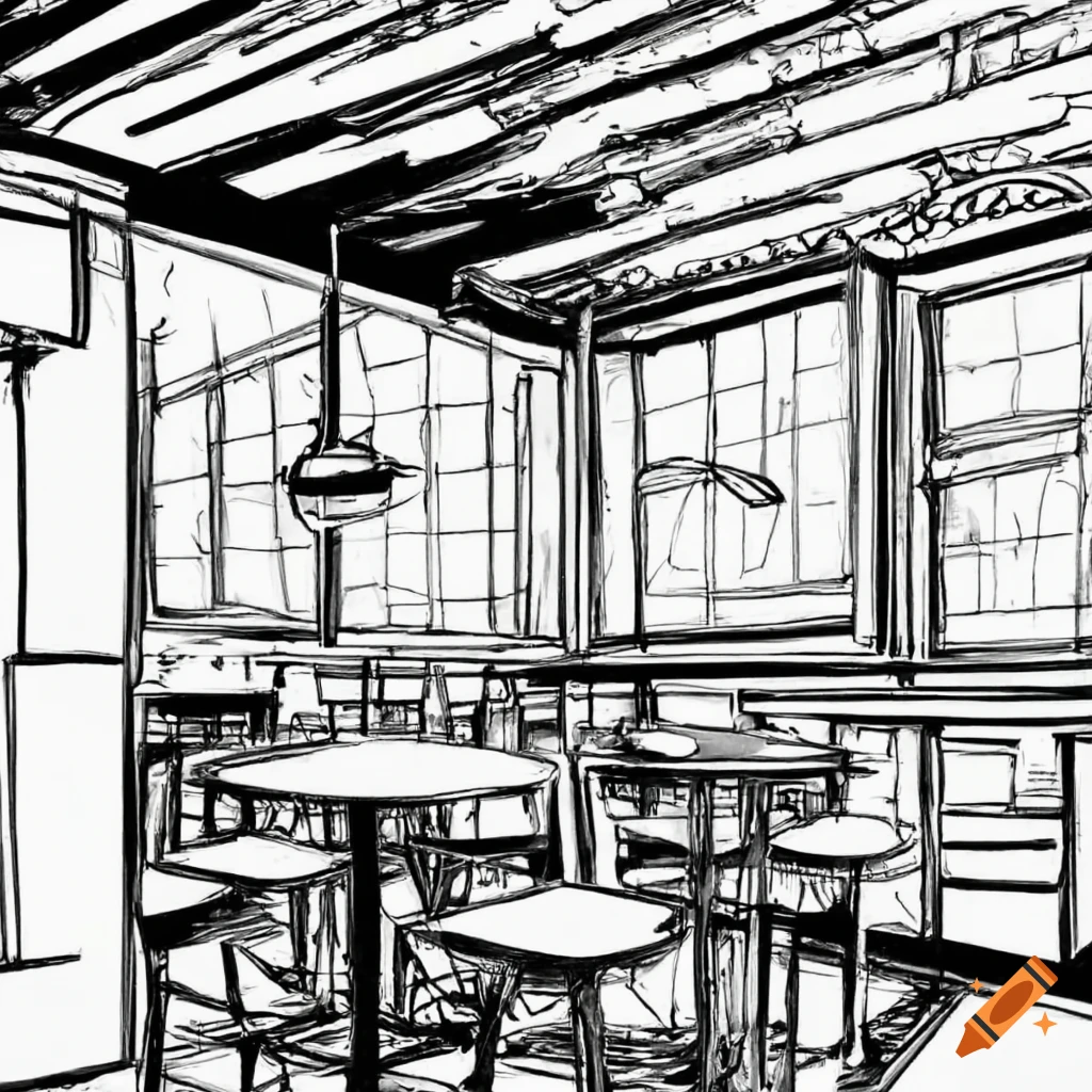 Perspective architectural drawing of a cafe inside a building on ...