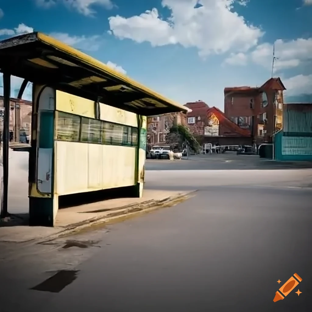 Empty bus stop in a village setting on Craiyon