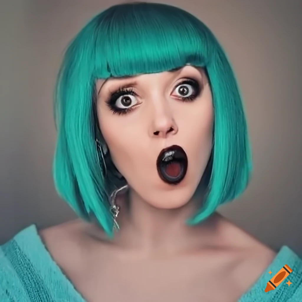 Shocked and amazed expression with rockabilly style and teal bob hair ...