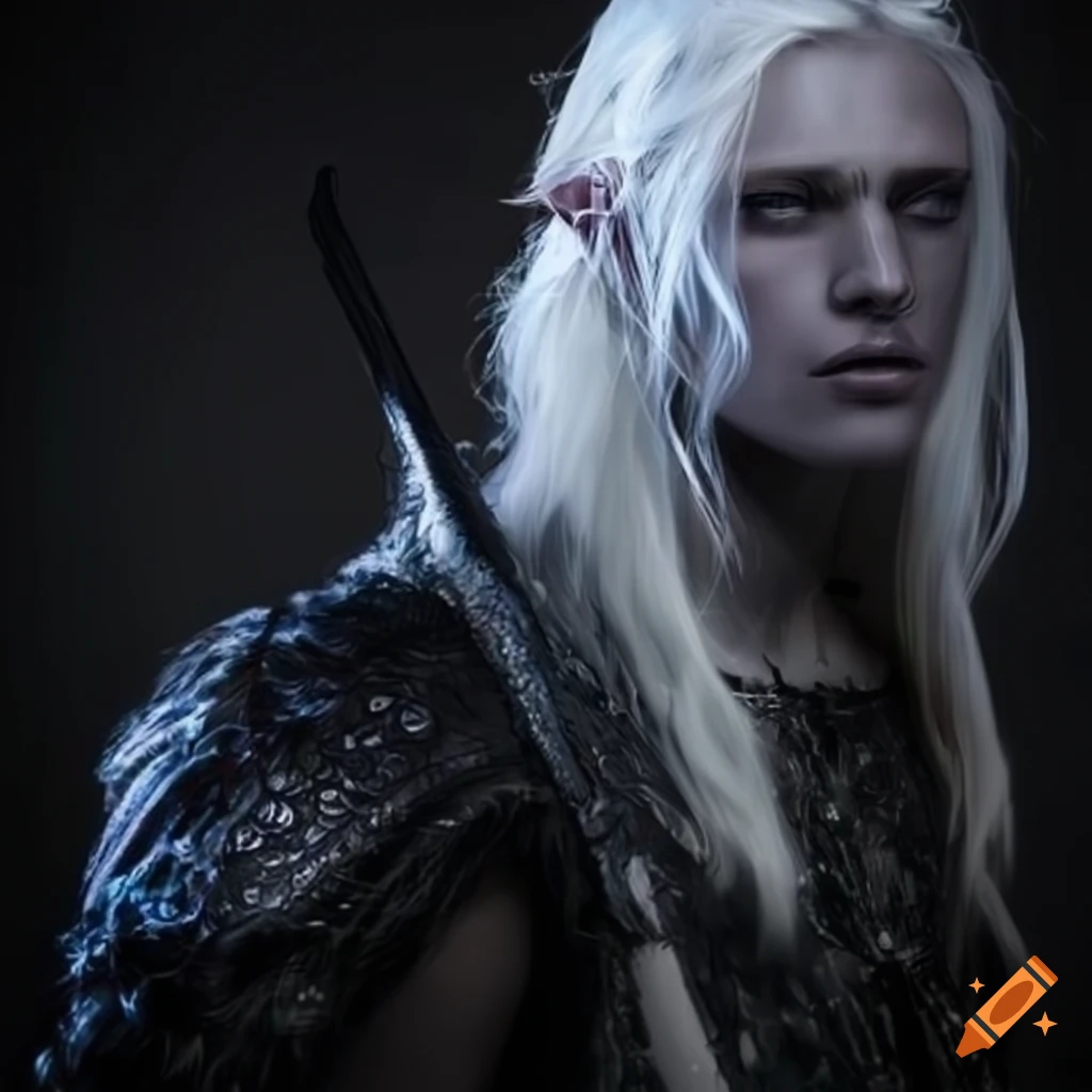Male drow with violet eyes and long white hair on Craiyon