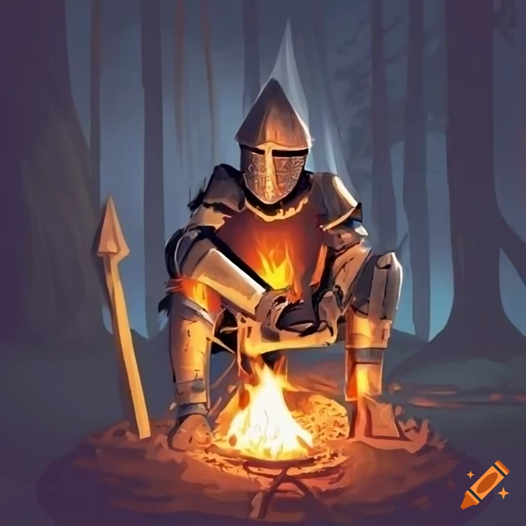 Knight by a campfire in the woods at night on Craiyon
