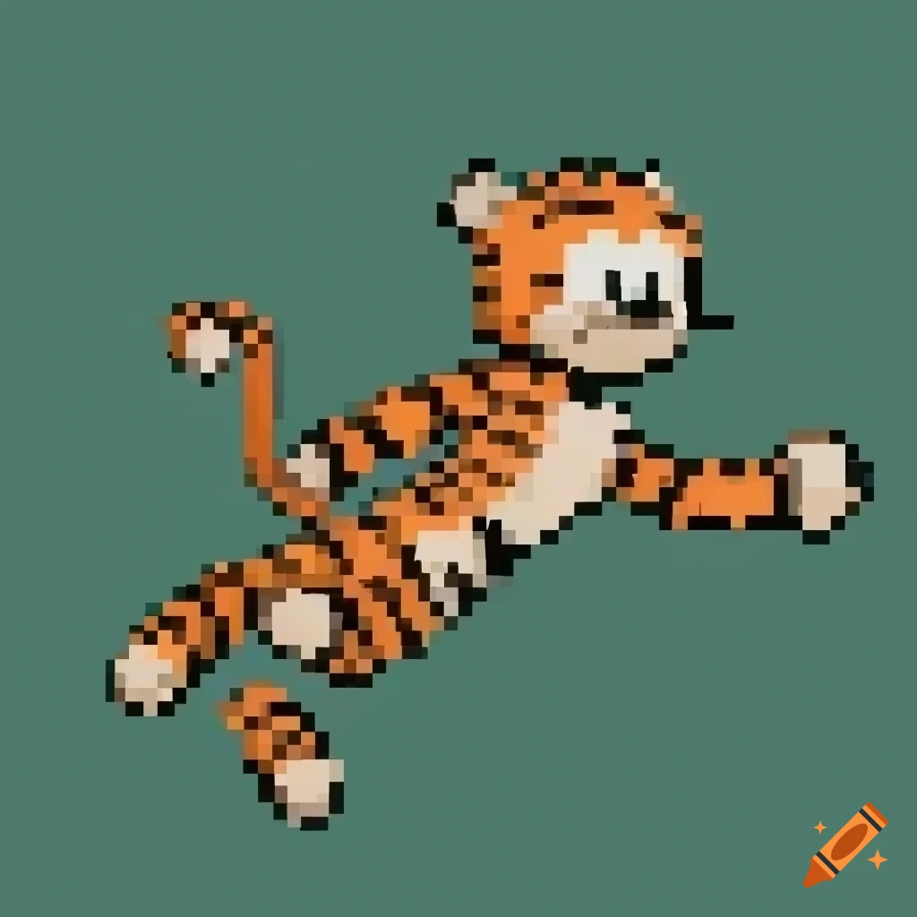 Pixel art of hobbes jumping with a poplar background on Craiyon
