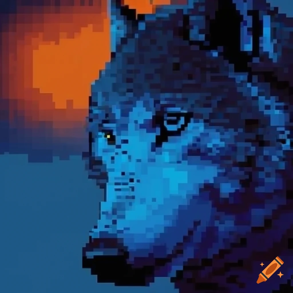 Pixel art of a wolf with dithering in solarized colors on Craiyon