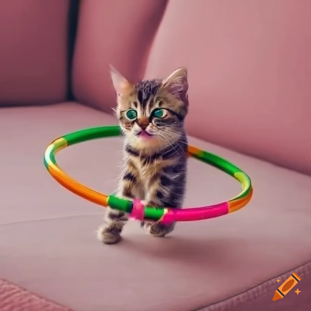 Cute kitten playing with a hula hoop on a sofa on Craiyon
