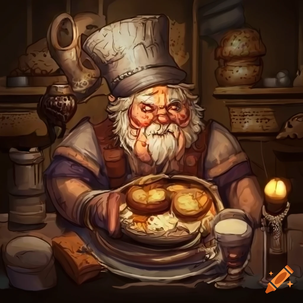 Dwarf baker in a steampunk bakery in fantasy art style on Craiyon