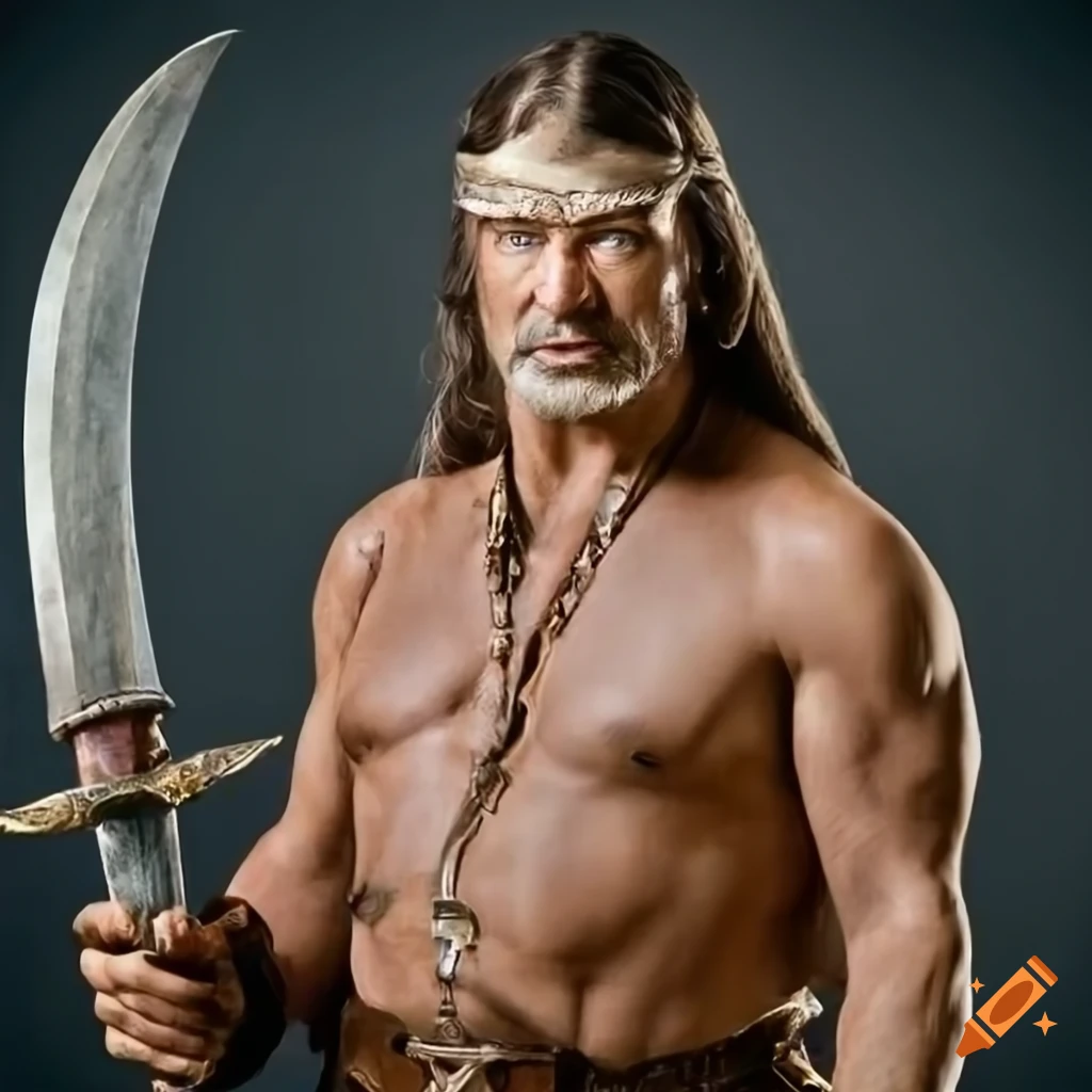 Portrait of actor Alec Baldwin as Conan the Barbarian with a sword on Craiyon