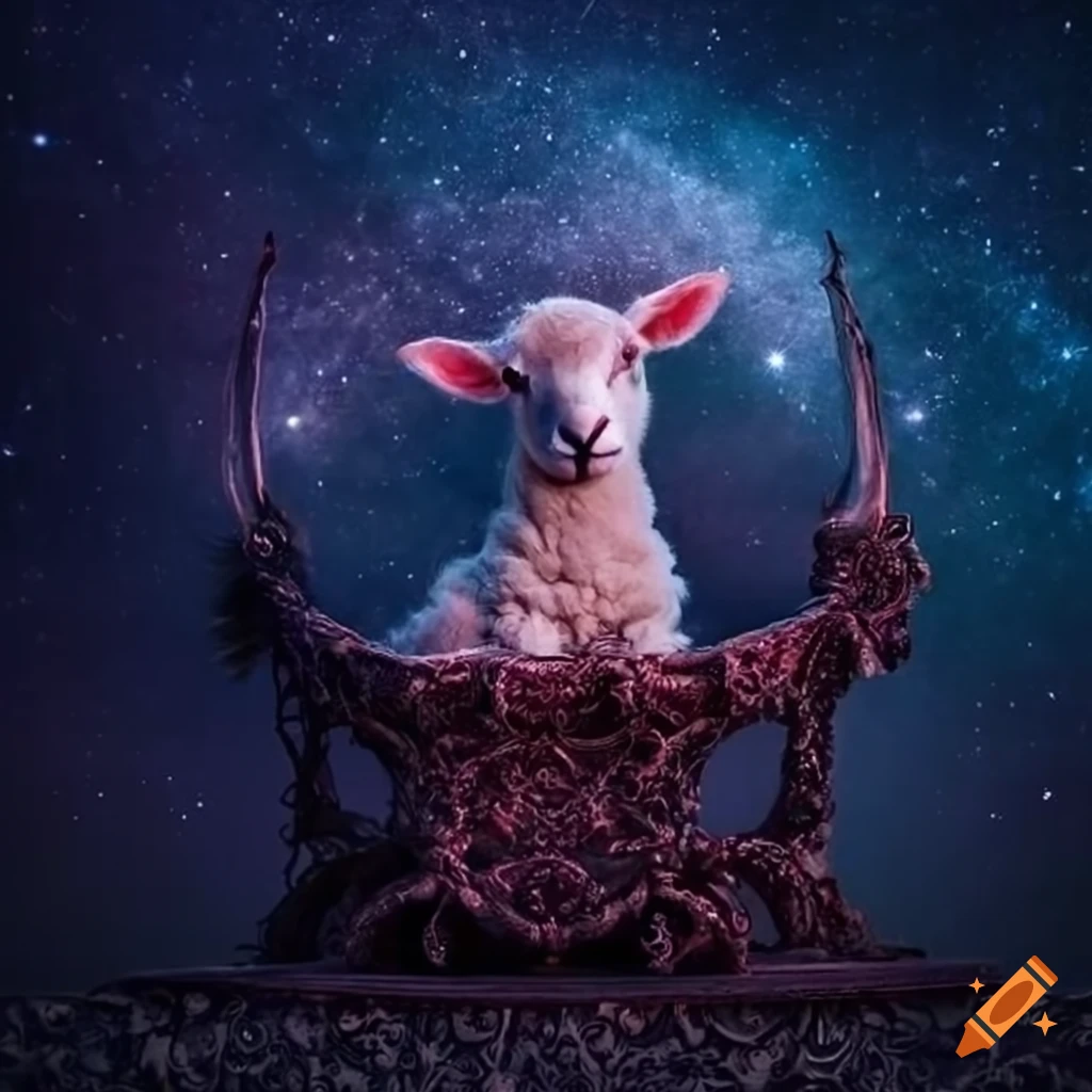 Mystical lamb in ornate cradle surrounded by stars on Craiyon