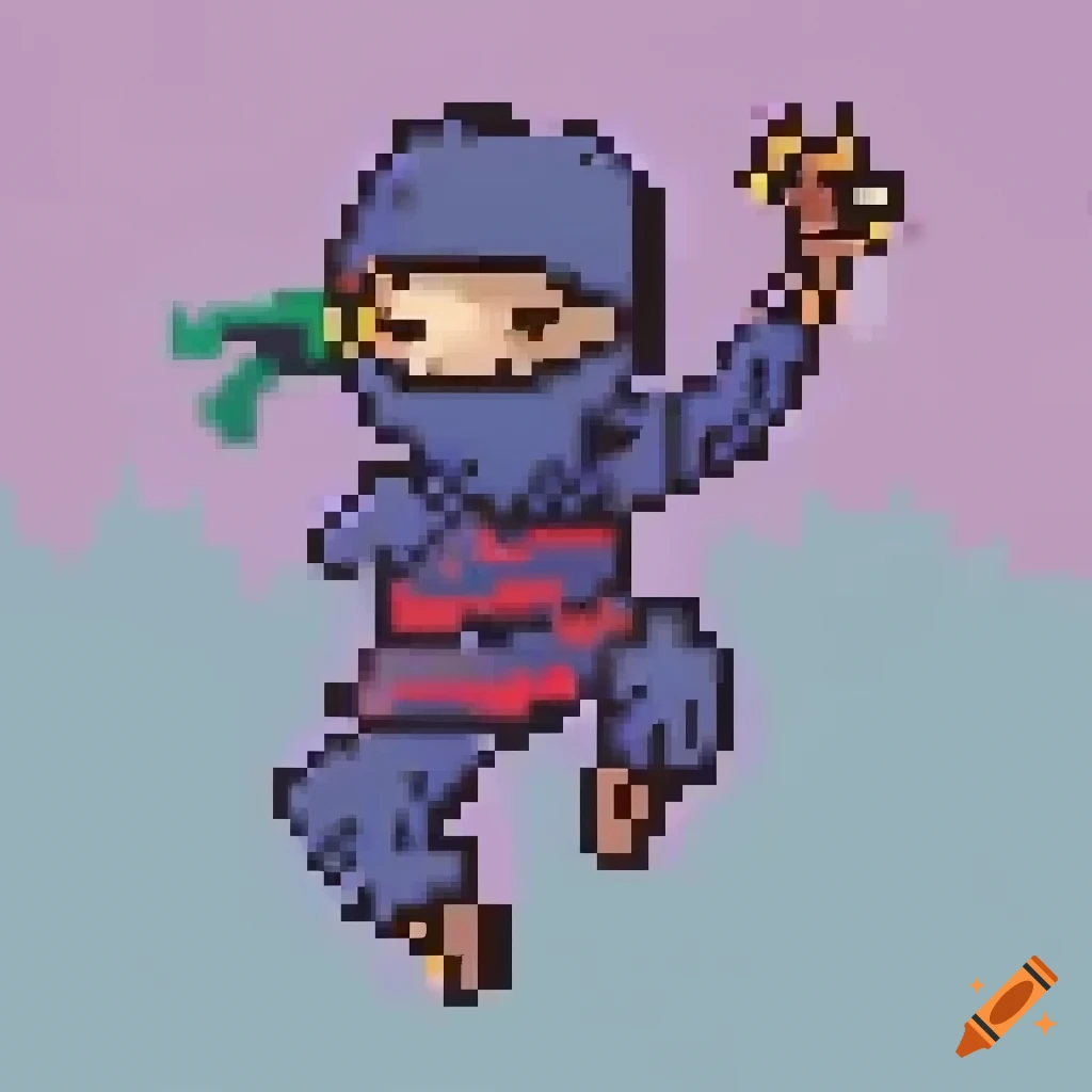 Pixel art of a jumping hello kitty ninja with dithering on Craiyon